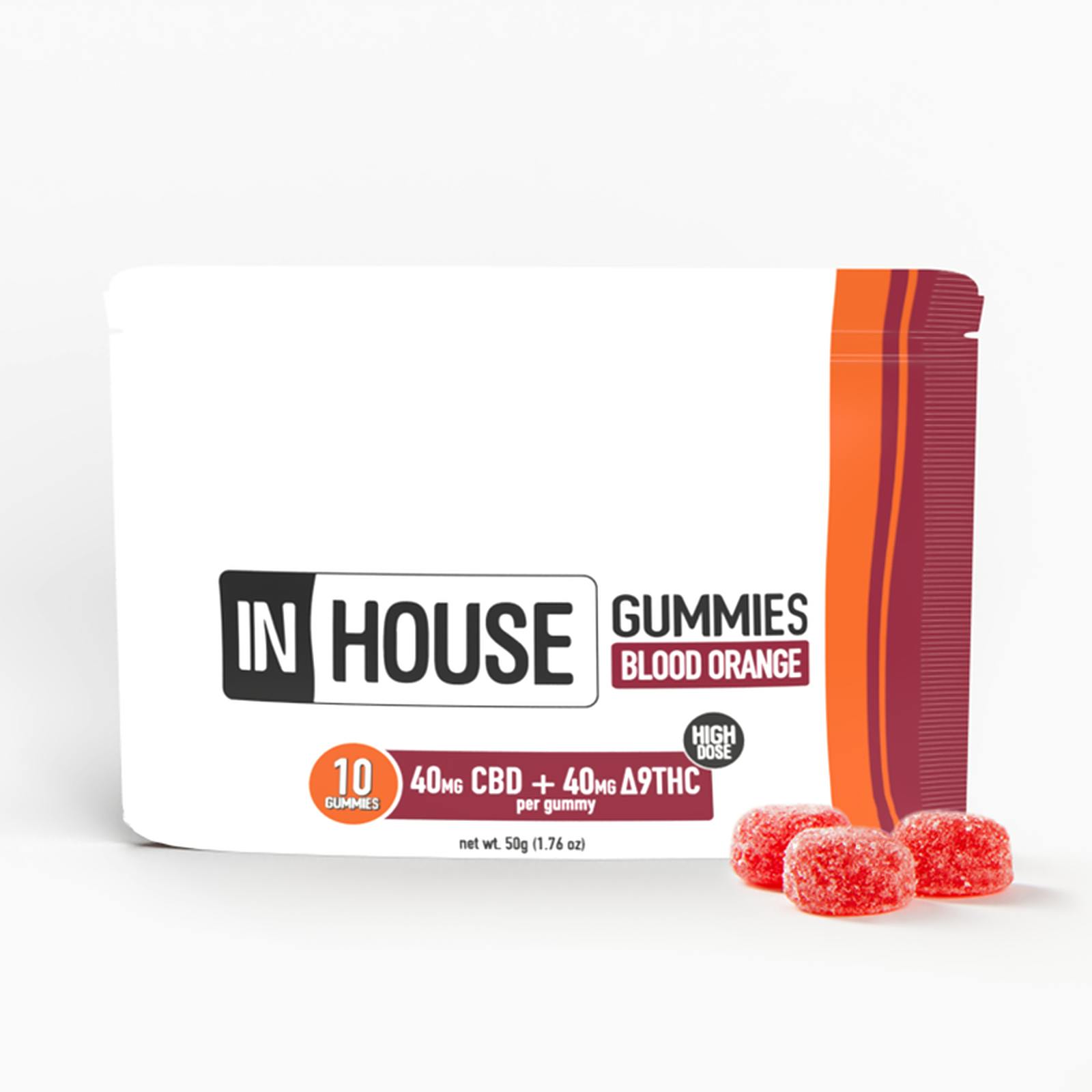 InHouse: HIGH-DOSE Blood Orange Gummies, 40mg THC + 40mg CBD | Leafly